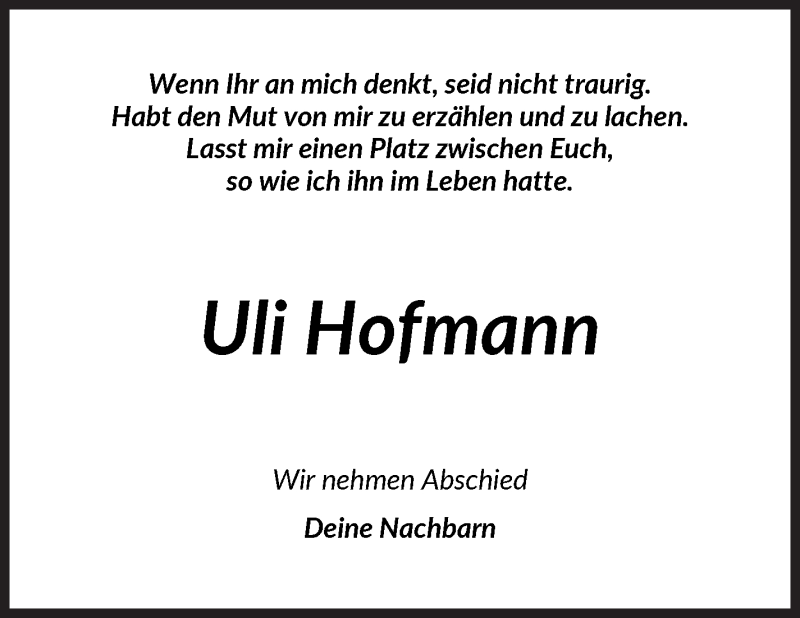 Traueranzeigen von Uli Hofmann | Trauer & Gedenken