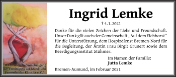 Traueranzeigen von Ingrid Lemke | Trauer & Gedenken