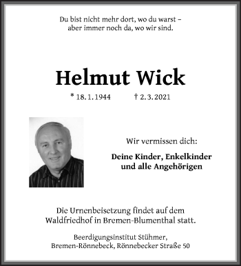 Traueranzeigen von Helmut Wick | Trauer & Gedenken