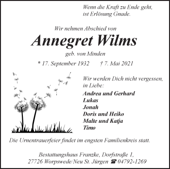Traueranzeigen von Annegret Wilms | Trauer & Gedenken