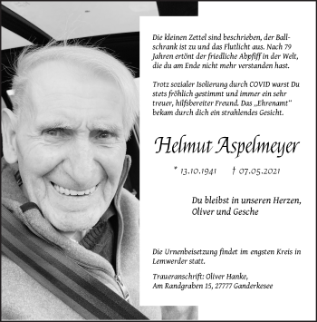Traueranzeigen von Helmut Aspelmeyer | Trauer & Gedenken