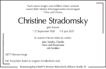Traueranzeigen von Christine Stradomsky | Trauer & Gedenken