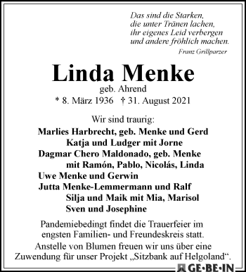 Traueranzeigen von Linda Menke | Trauer & Gedenken