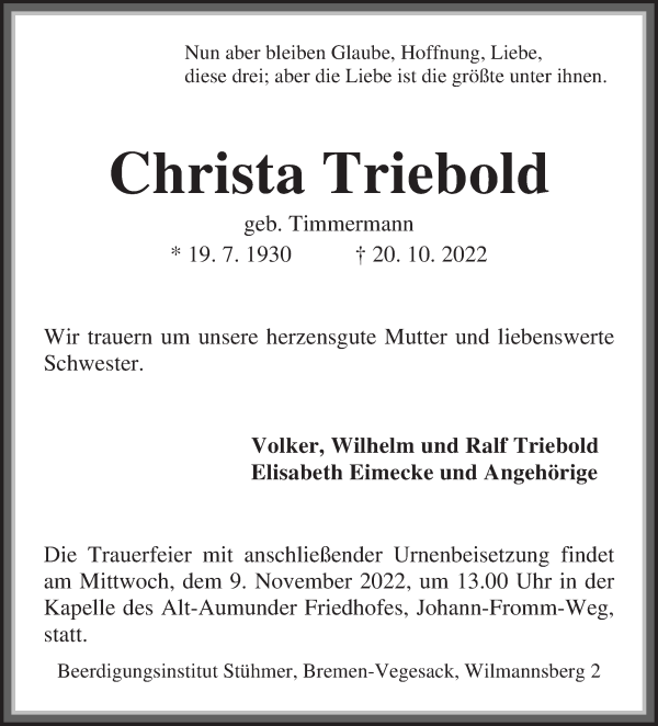 Traueranzeigen von Christa Triebold | Trauer & Gedenken