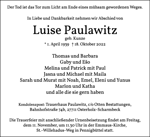Traueranzeigen von Luise Paulawitz | Trauer & Gedenken