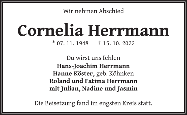 Traueranzeigen von Cornelia Herrmann | Trauer & Gedenken