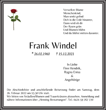 Traueranzeigen von Frank Windel | Trauer & Gedenken