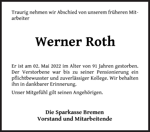 Traueranzeigen von Werner Roth | Trauer & Gedenken