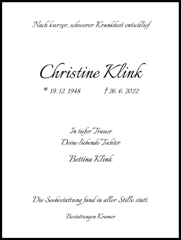 Traueranzeigen von Christine Klink | Trauer & Gedenken