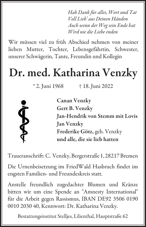 Traueranzeigen von Katharina Venzky | Trauer & Gedenken