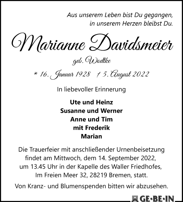 Traueranzeigen von Marianne Davidsmeier | Trauer & Gedenken