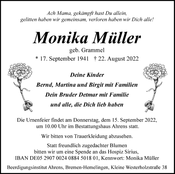 Traueranzeigen von Monika Müller | Trauer & Gedenken