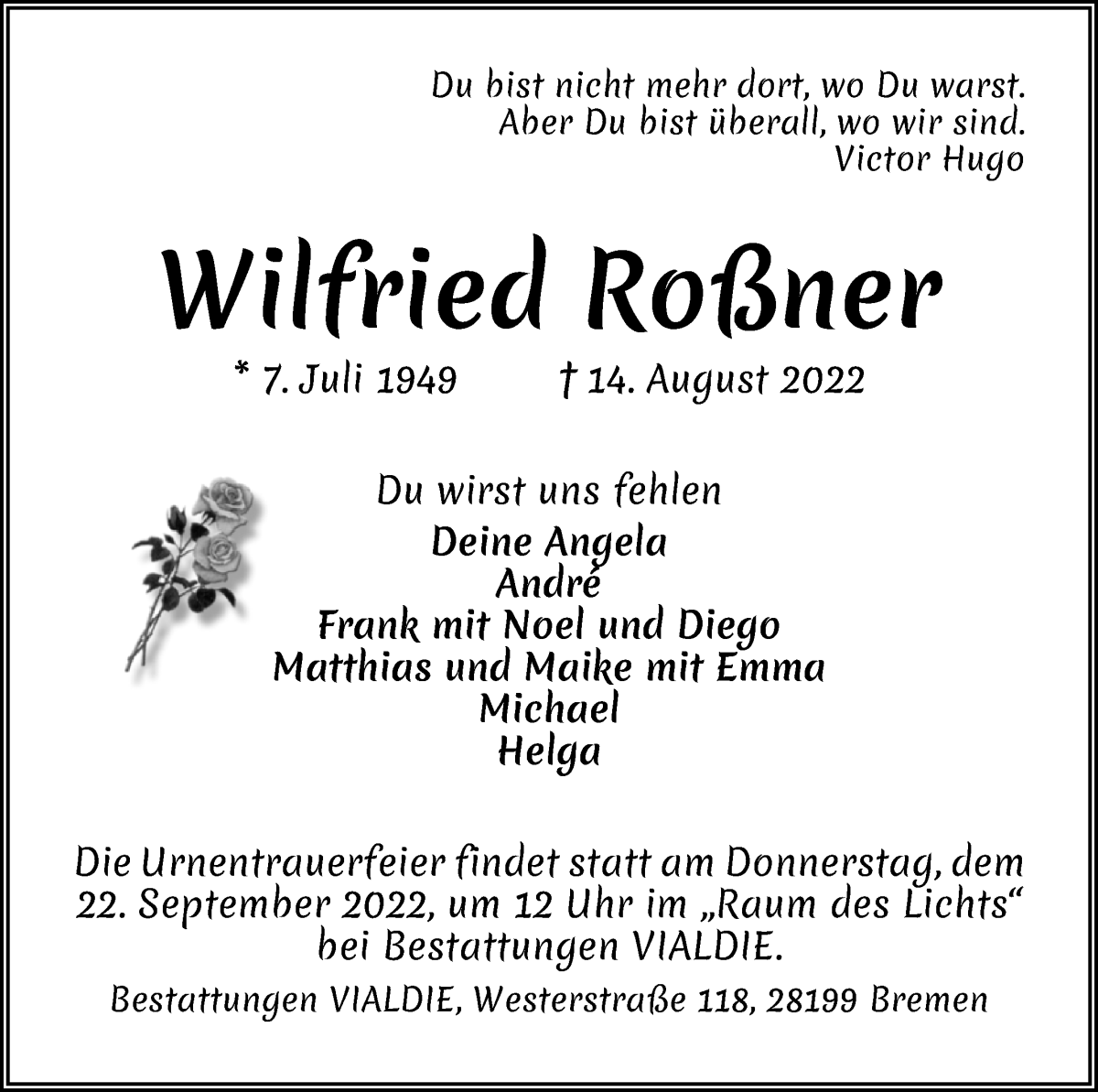 Traueranzeigen von Wilfried Roßner | Trauer & Gedenken