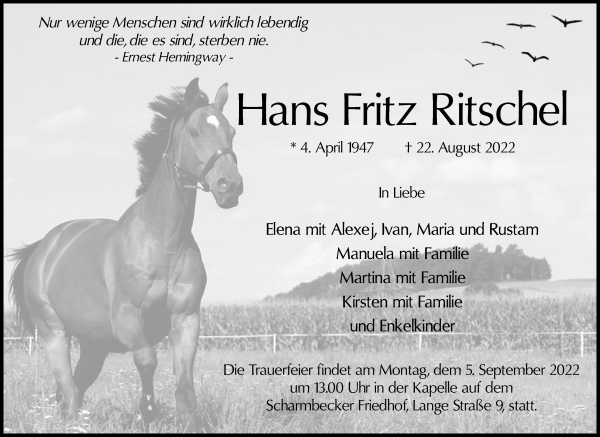 Traueranzeigen von Hans Fritz Ritschel | Trauer & Gedenken