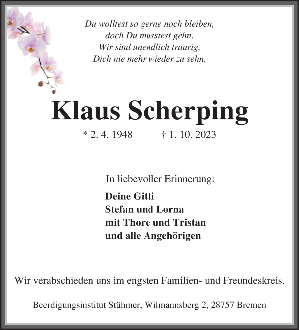 Traueranzeigen von Klaus Scherping | Trauer & Gedenken