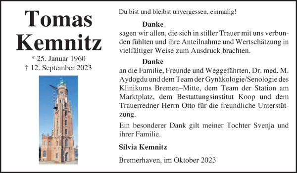 Traueranzeigen von Thomas Kemnitz | Trauer & Gedenken