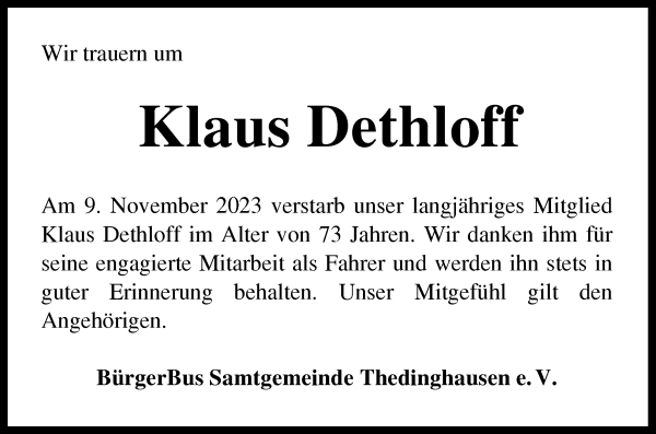 Traueranzeigen von Klaus Dethloff | Trauer & Gedenken