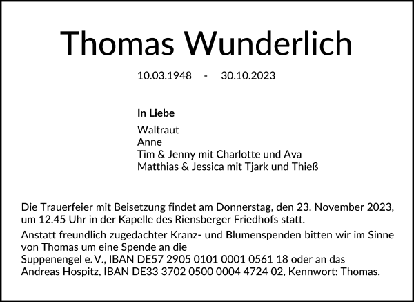 Traueranzeigen von Thomas Wunderlich | Trauer & Gedenken