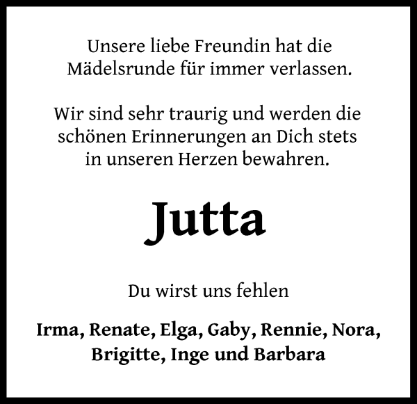 Traueranzeigen von Jutta Hauser | Trauer & Gedenken