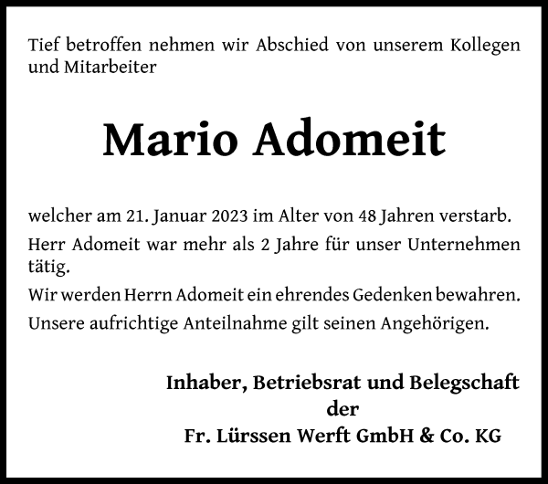 Traueranzeigen von Mario Adomeit | Trauer & Gedenken