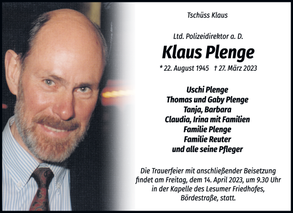Traueranzeigen von Klaus Plenge | Trauer & Gedenken