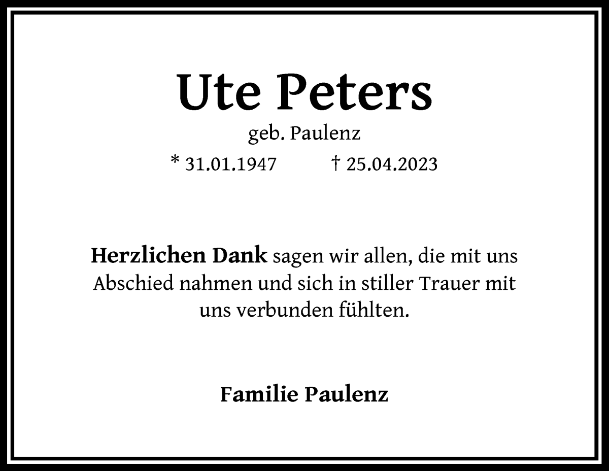 Traueranzeigen von Ute Peters | Trauer & Gedenken