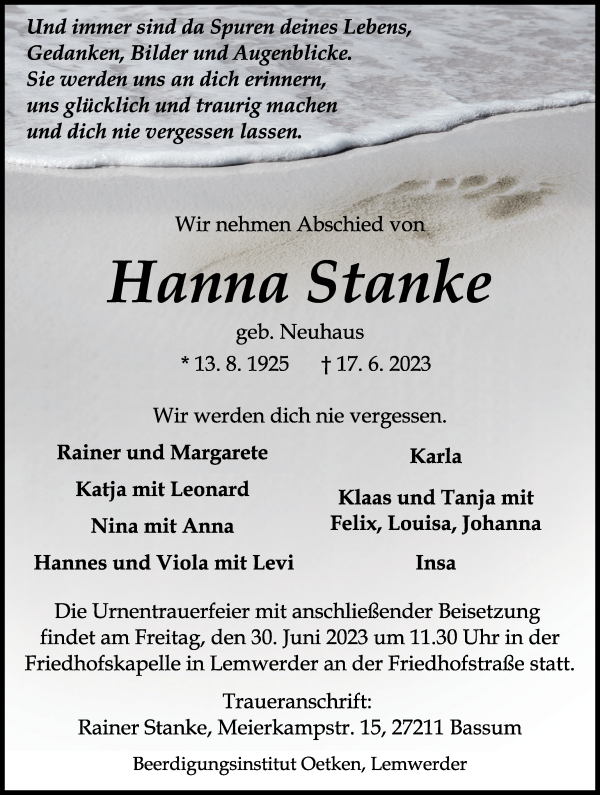 Traueranzeigen von Hanna Stanke | Trauer & Gedenken