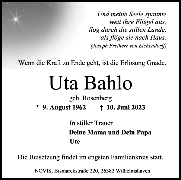 Traueranzeigen von Uta Bahlo | Trauer & Gedenken