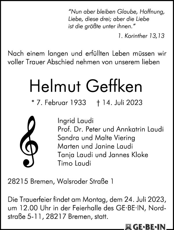 Traueranzeigen von Helmut Geffken | Trauer & Gedenken