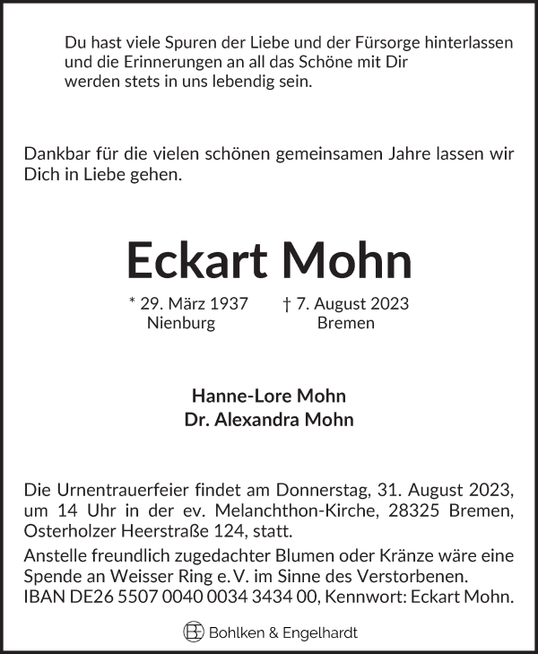 Traueranzeigen von Eckart Mohn | Trauer & Gedenken