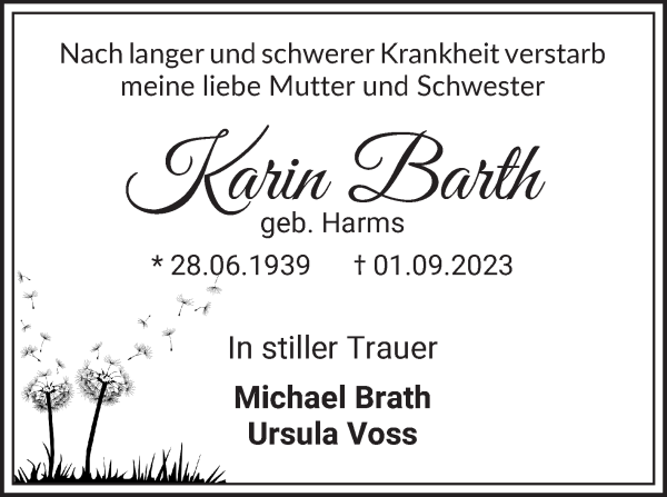 Traueranzeigen von Karin Barth | Trauer & Gedenken