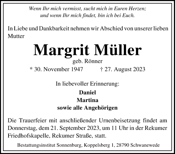 Traueranzeigen von Margrit Müller | Trauer & Gedenken