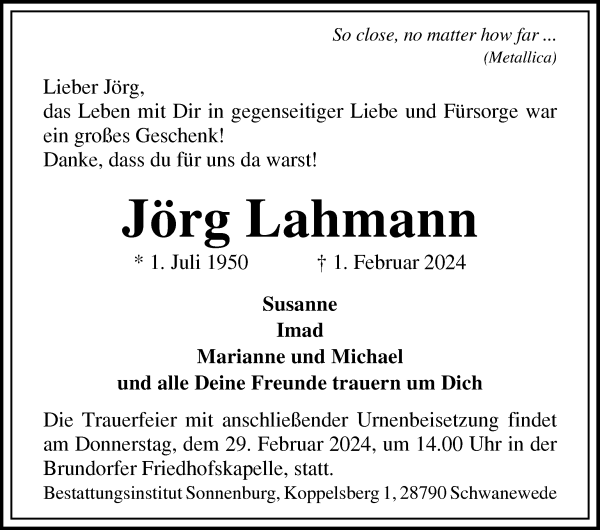 Traueranzeigen von Jörg Lahmann | Trauer & Gedenken