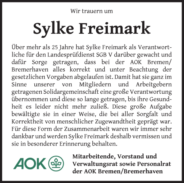 Traueranzeigen von Sylke Freimark | Trauer & Gedenken