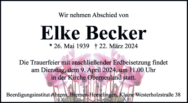 Traueranzeigen von Elke Becker | Trauer & Gedenken