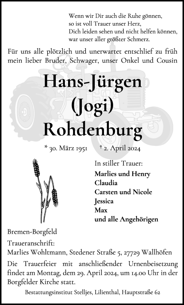 Traueranzeigen von Hans-Jürgen Rohdenburg | Trauer & Gedenken