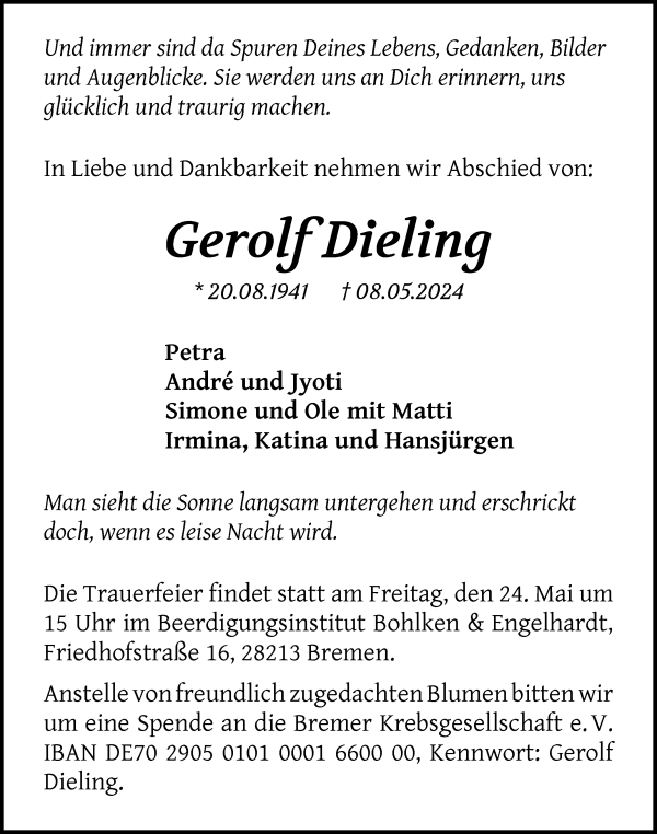 Traueranzeigen von Gerolf Dieling | Trauer & Gedenken