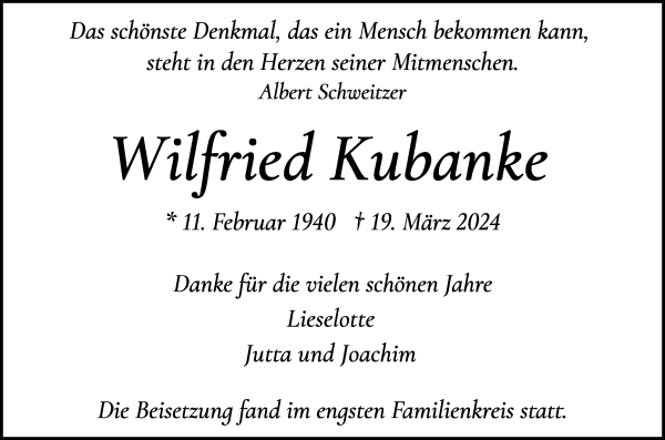 Traueranzeigen von Wilfried Kubanke | Trauer & Gedenken