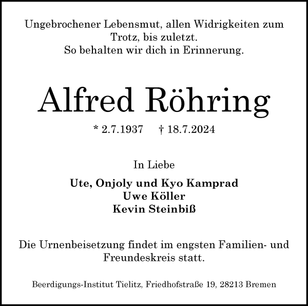 Traueranzeigen von Alfred Röhring | Trauer & Gedenken