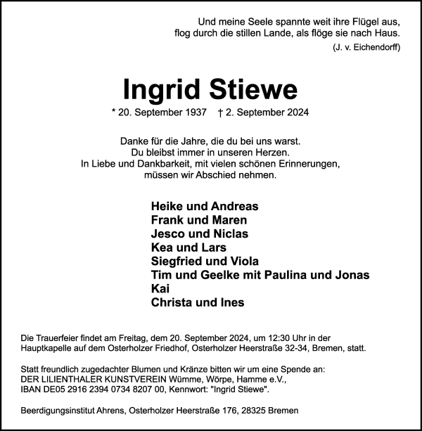 Traueranzeigen von Ingrid Stiewe | Trauer & Gedenken