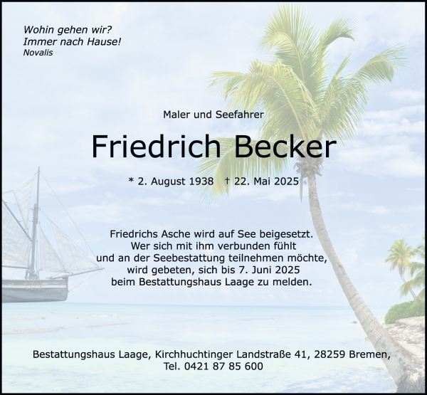 Traueranzeigen von Friedrich Becker | Trauer & Gedenken