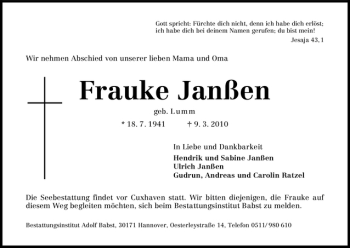 Traueranzeigen von Frauke Janßen | Trauer & Gedenken
