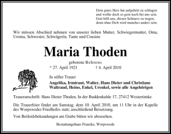 Traueranzeigen von Maria Thoden | Trauer & Gedenken