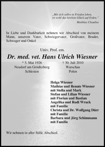 Traueranzeigen von Hans Ulrich Wiesner | Trauer & Gedenken