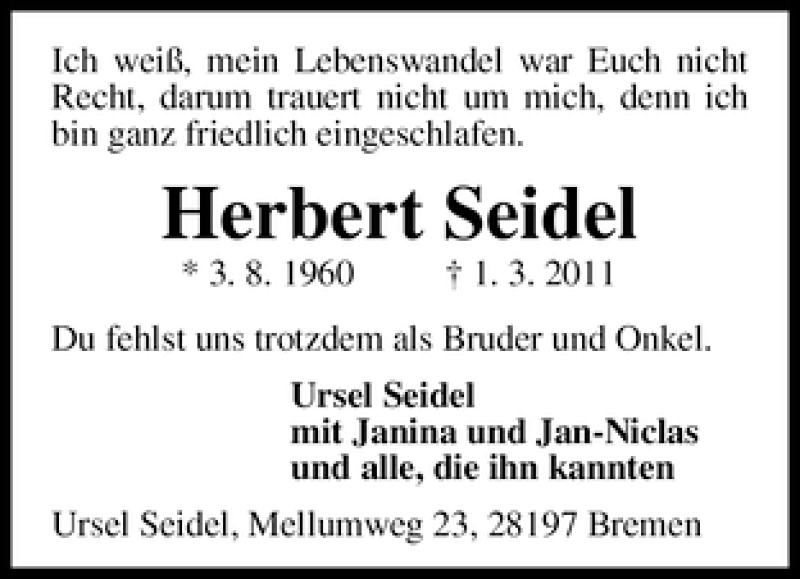 Traueranzeigen von Herbert Seidel | Trauer & Gedenken