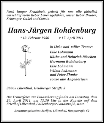 Traueranzeigen von Hans-Jürgen Rohdenburg | Trauer & Gedenken
