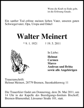 Traueranzeigen von Walter Meinert | Trauer & Gedenken