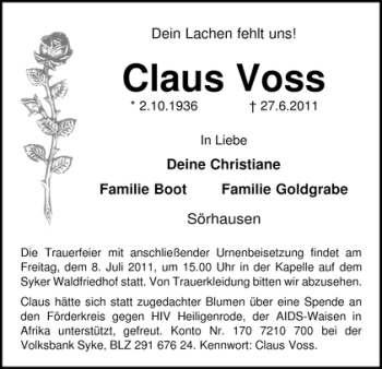 Traueranzeigen von Claus Voss | Trauer & Gedenken