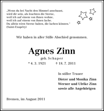 Traueranzeigen von Agnes Zinn | Trauer & Gedenken