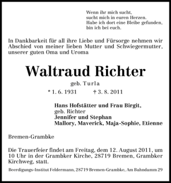 Traueranzeigen von Waltraud Richter | Trauer & Gedenken